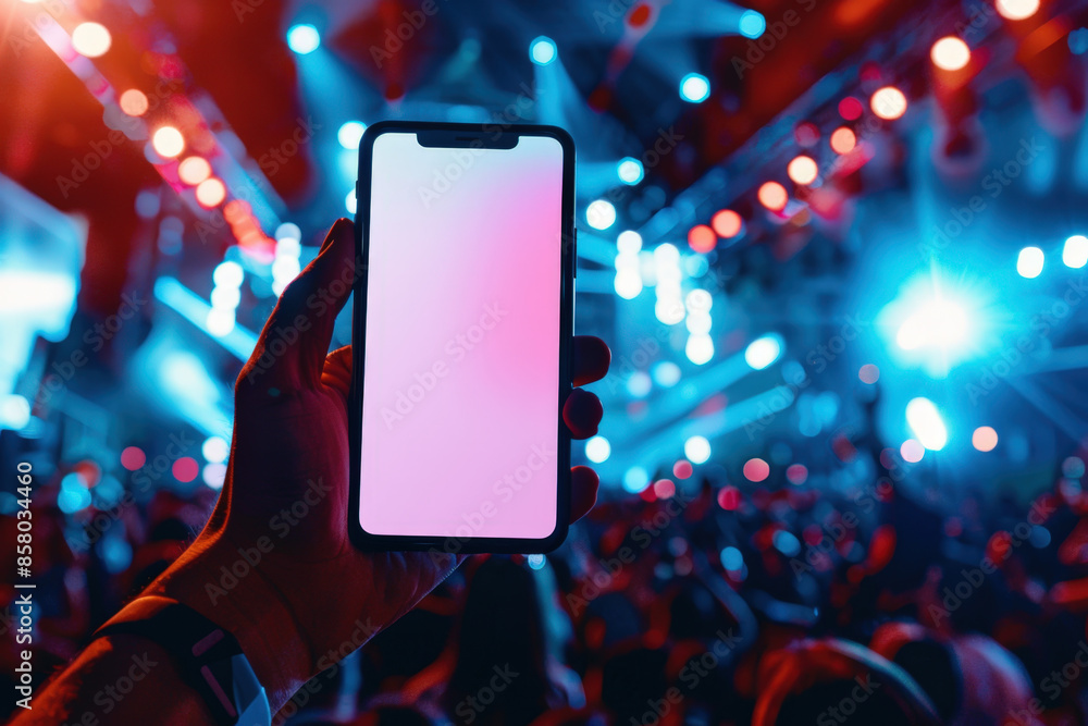 Foto de Hand holding a smartphone with a blank screen at a concert ...