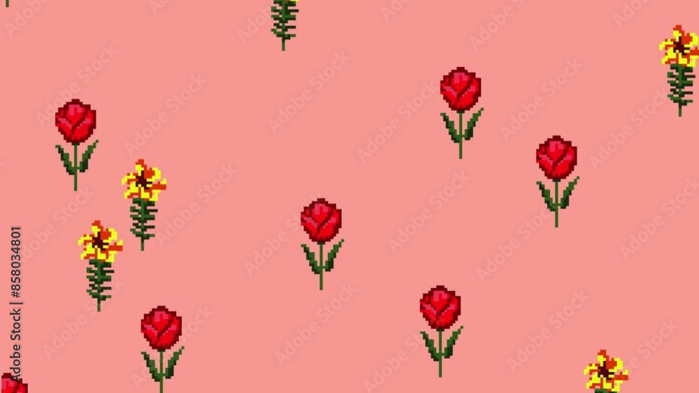 A cute pixel art animation: a repeated pattern of red roses flower ...