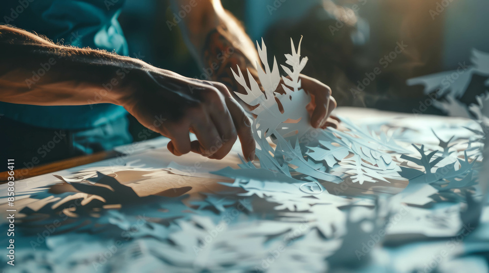 Installation of paper cutouts with attention to copy space, AI ...