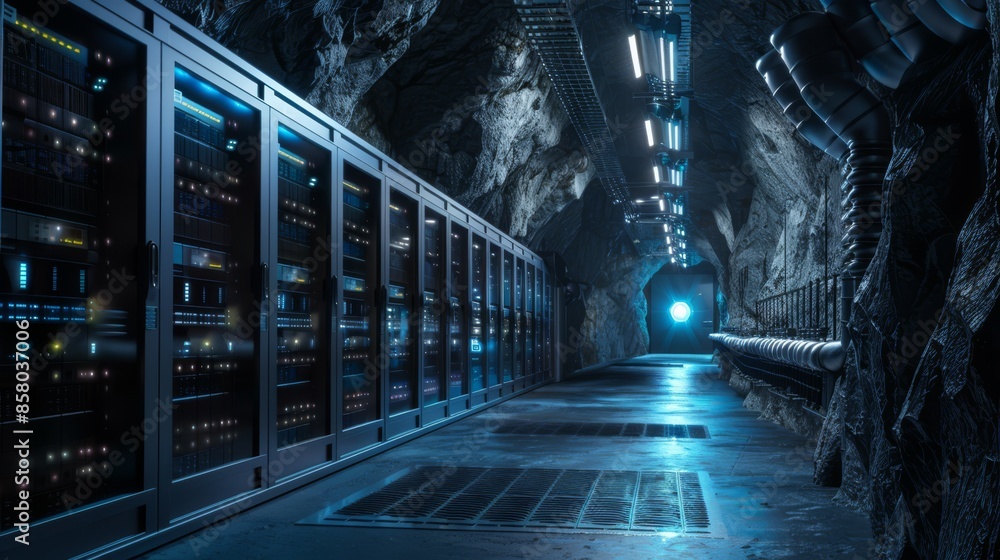 A high-tech data center in an underground cave bunker with rows of ...