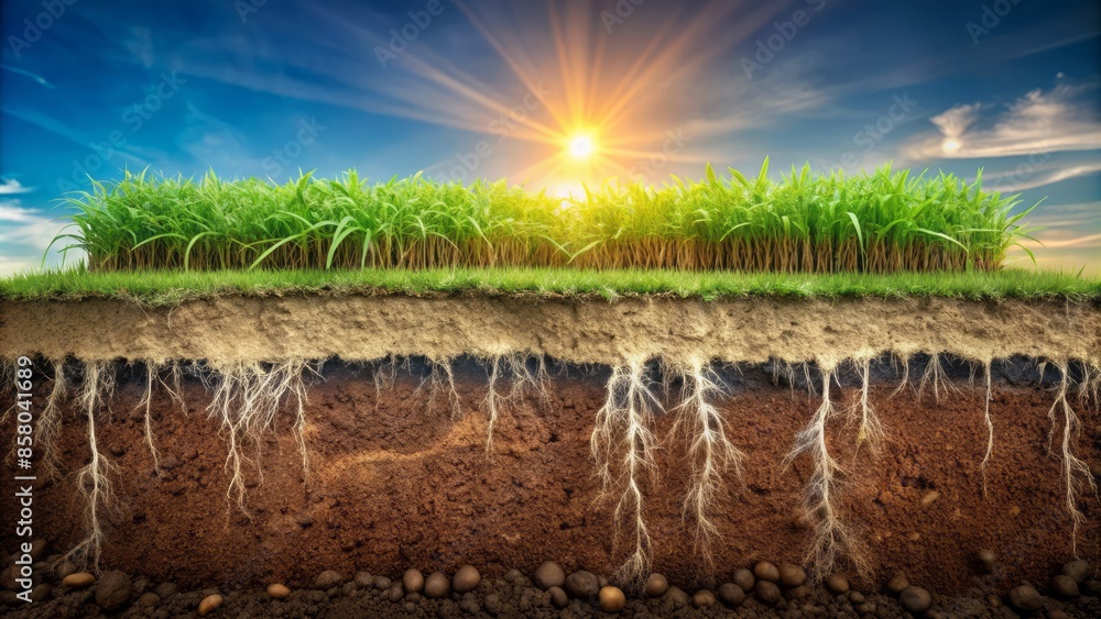 Illuminated cross-section of soil profile displaying topsoil, subsoil ...