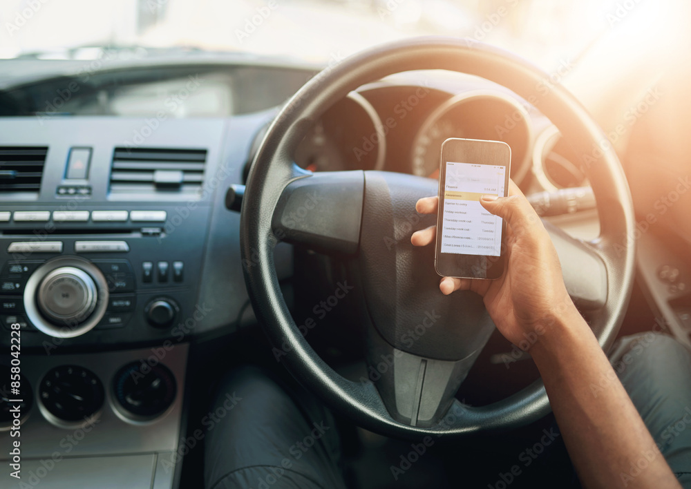 Hand, smartphone and person in car, typing and transportation with ...