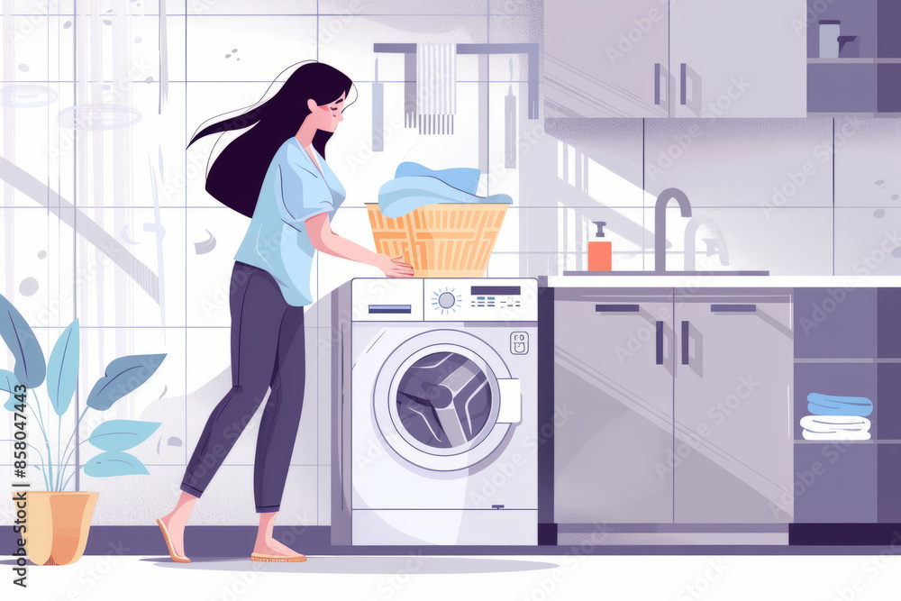 A woman is loading the washing machine with laundry, adding garments ...