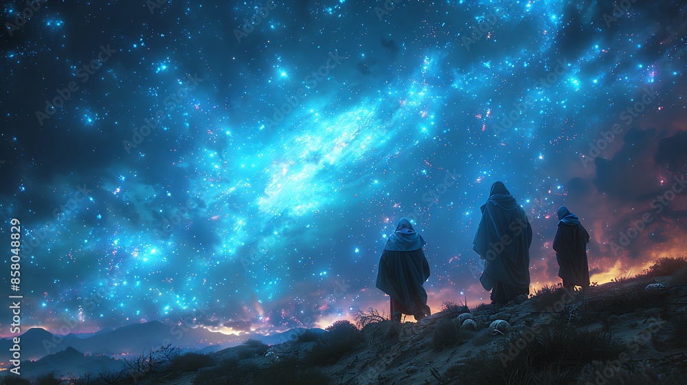 Angels appearing to shepherds in the fields, announcing the birth of ...