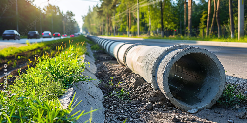 Installation of a concrete drainage system along roadsides to drain ...
