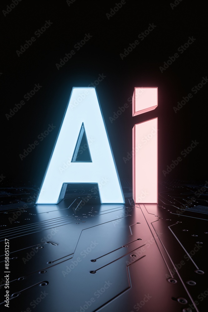 The image is of the letters "A" and "I" in a glowing blue and pink ...