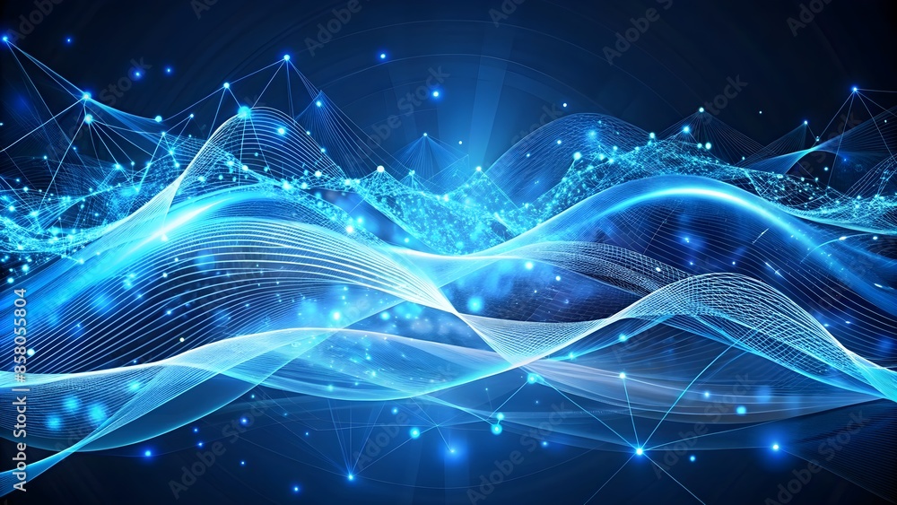 Abstract blue tech background with digital waves, dynamic network system, artificial neural ...