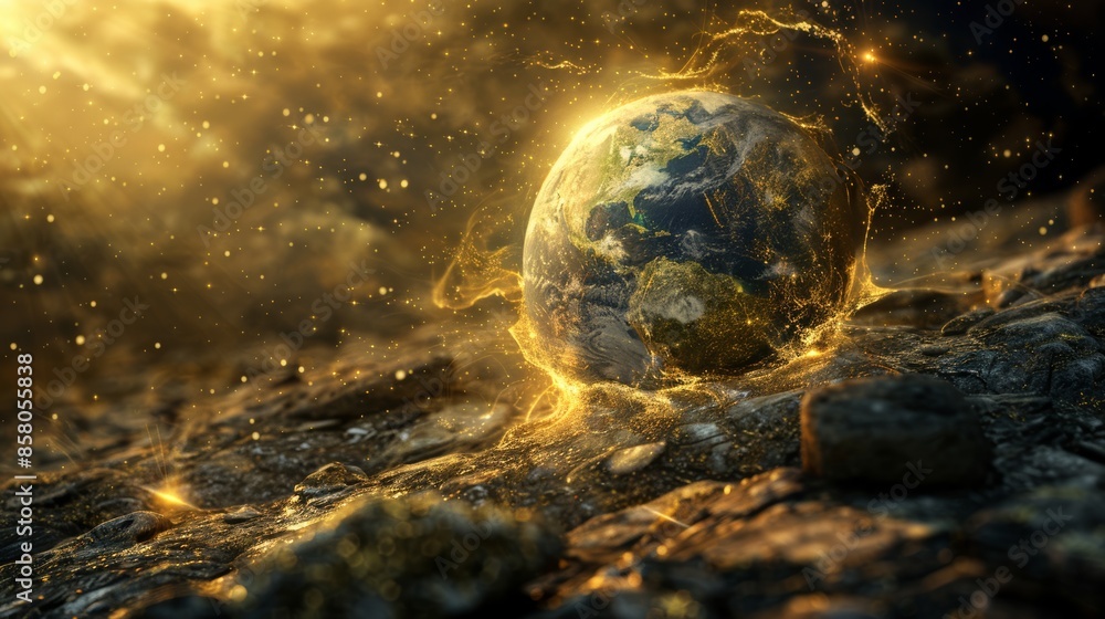 A photograph of the Earth emerging from a slowly evolving rock ball ...