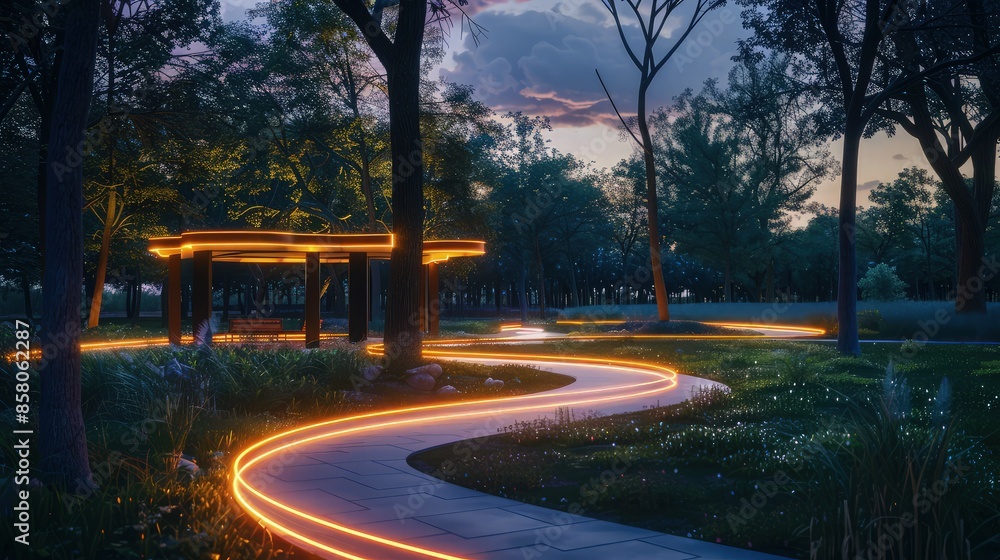 A tranquil park at dusk, transformed by a winding path lined with soft ...