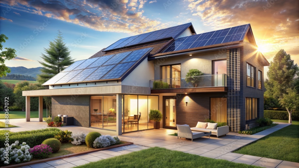 Modern eco-friendly home rooftop solar panels harnessing renewable energy alongside sleek ...