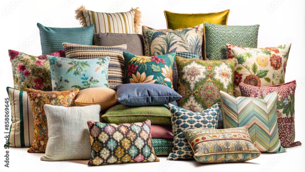 Assorted decorative throws, cushions, and pillows in diverse modern and ...
