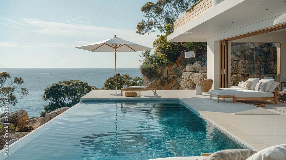 A modern swimming pool overlooking the sea, white concrete and timber ...