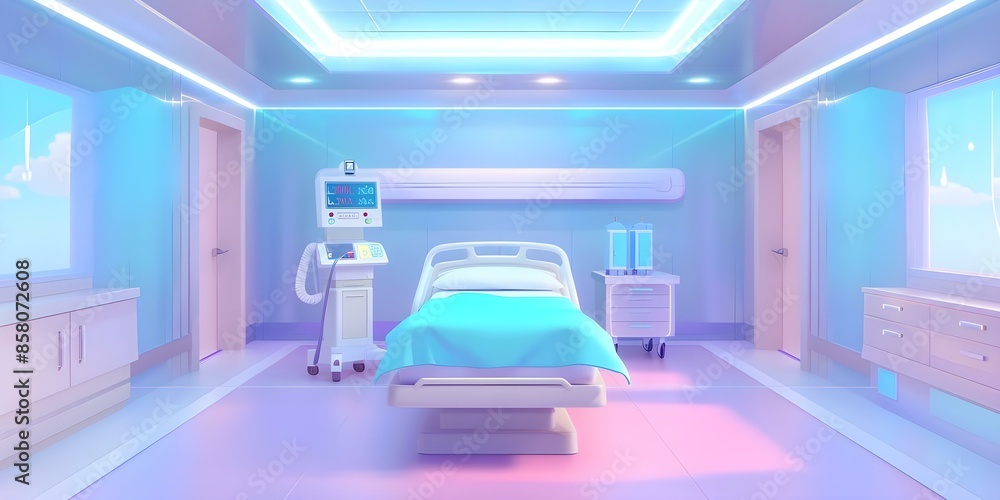 3D cartoon hospital room with bed machines equipment diagnosis and ...