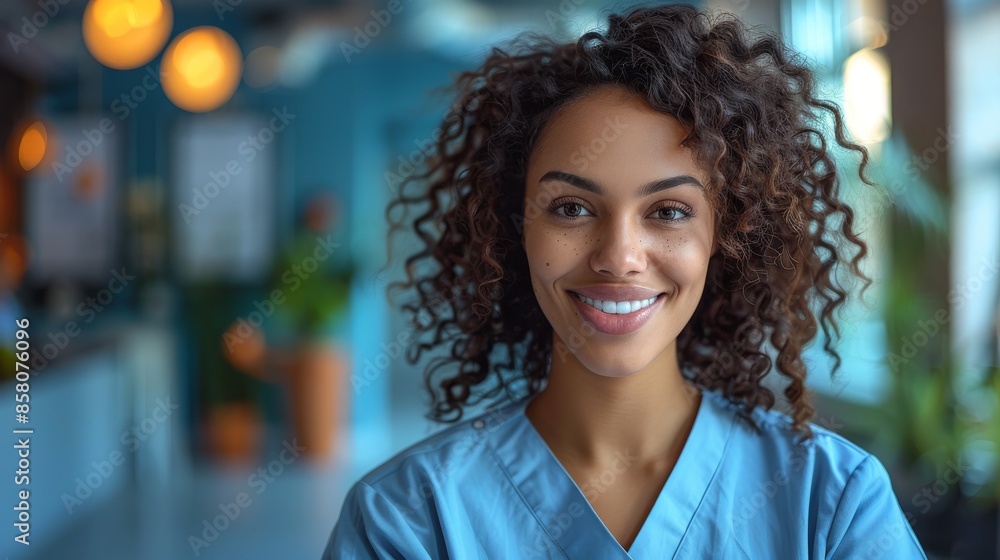 A cheerful female nurse with curly hair in blue scrubs smiles warmly, standing in a brightly lit ...