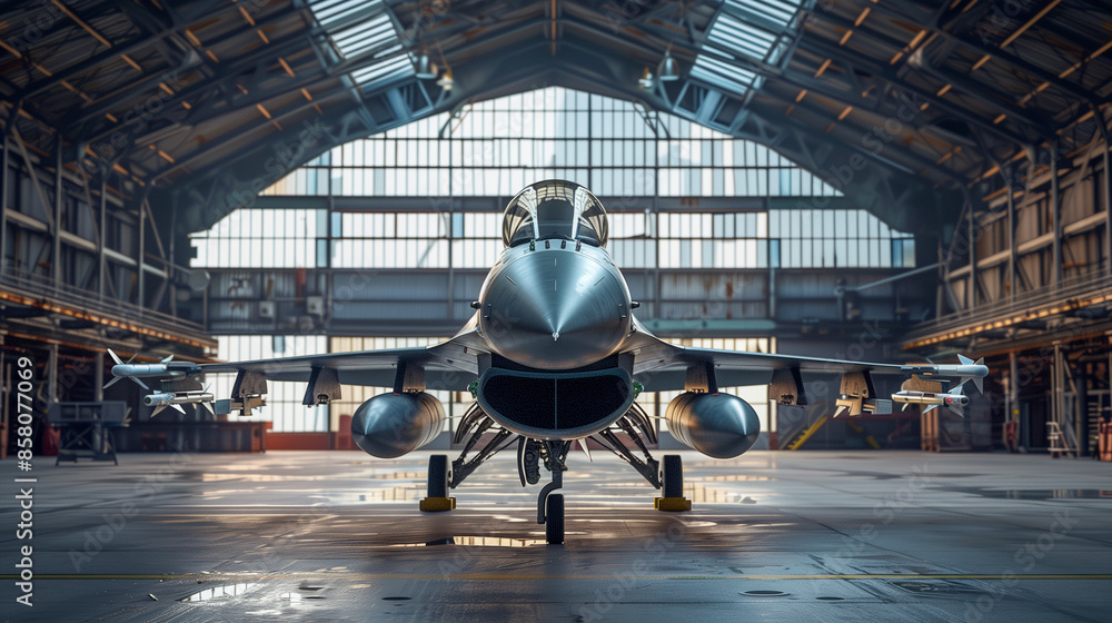 A fighter jet f16 stands poised in a large hangar, ready for takeoff ...