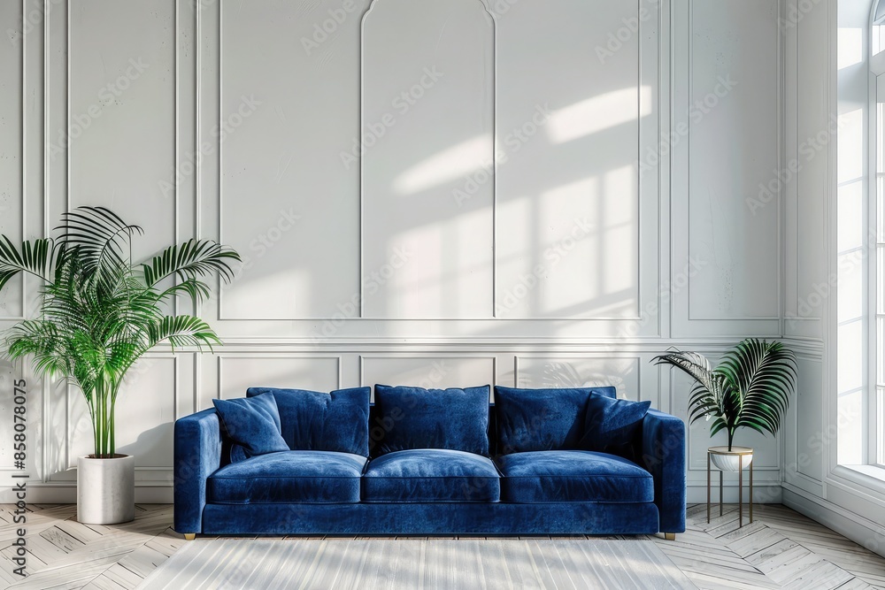 Blue velvet sofa near marble stone wall. Minimalist home interior ...