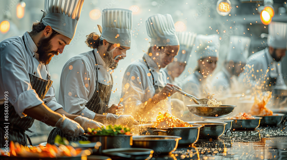 A group of chefs in white chef hats and aprons are cooking in a busy ...