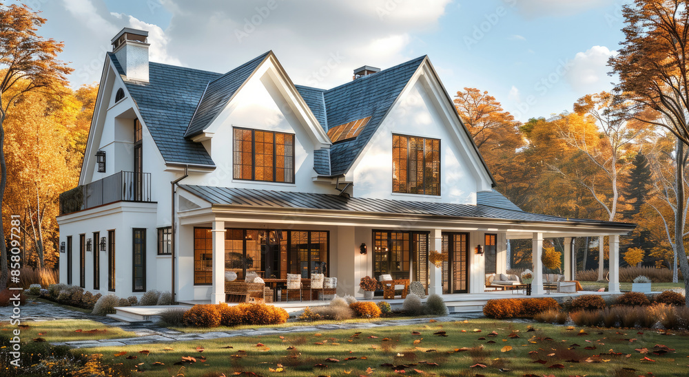 Modern farmhouse home exterior with white walls and roof shingles on ...