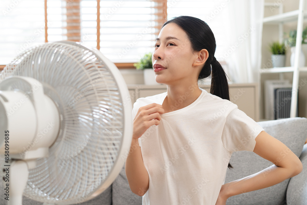 Suffer summer heat wave stroke, hot weather, tired asian young woman ...