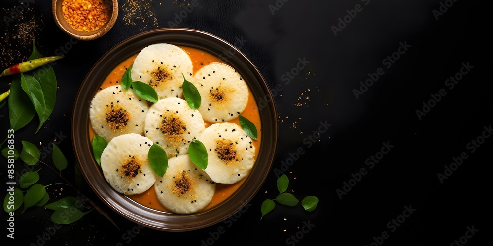 Overhead view of idli and sambar traditional South Indian cuisine on ...