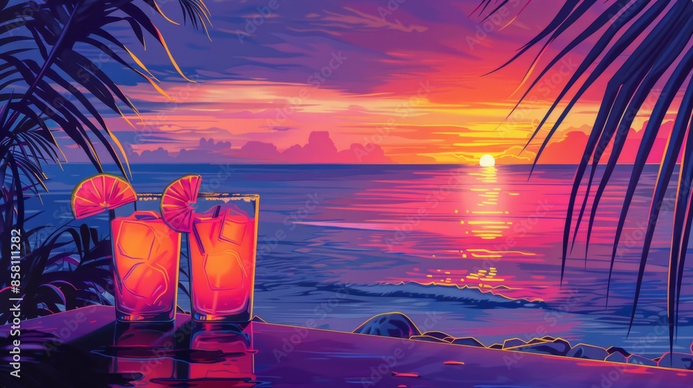 beach sunset drinks, pop art beach scene with tropical cocktails on a ...