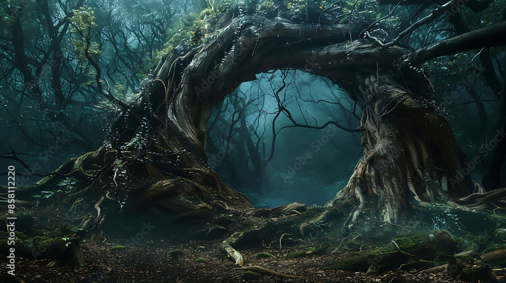 Ancient arch in tree root at in dark forest very detailed and realistic ...