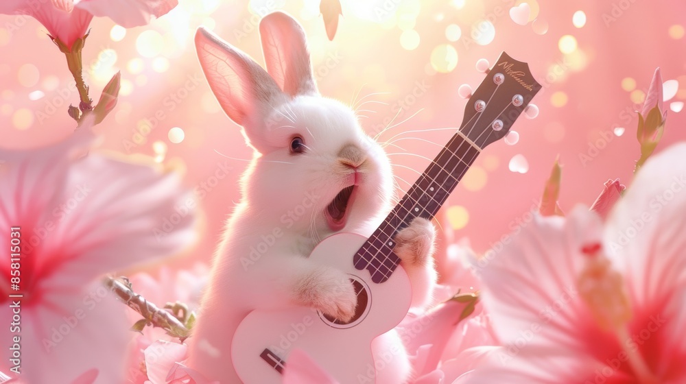 Photograph of a white rabbit playing a four-string ukulele on a flat ...