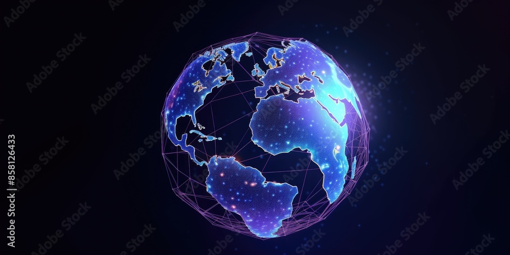 Gradient of blue and purple neon light dot with line connected on globe ...