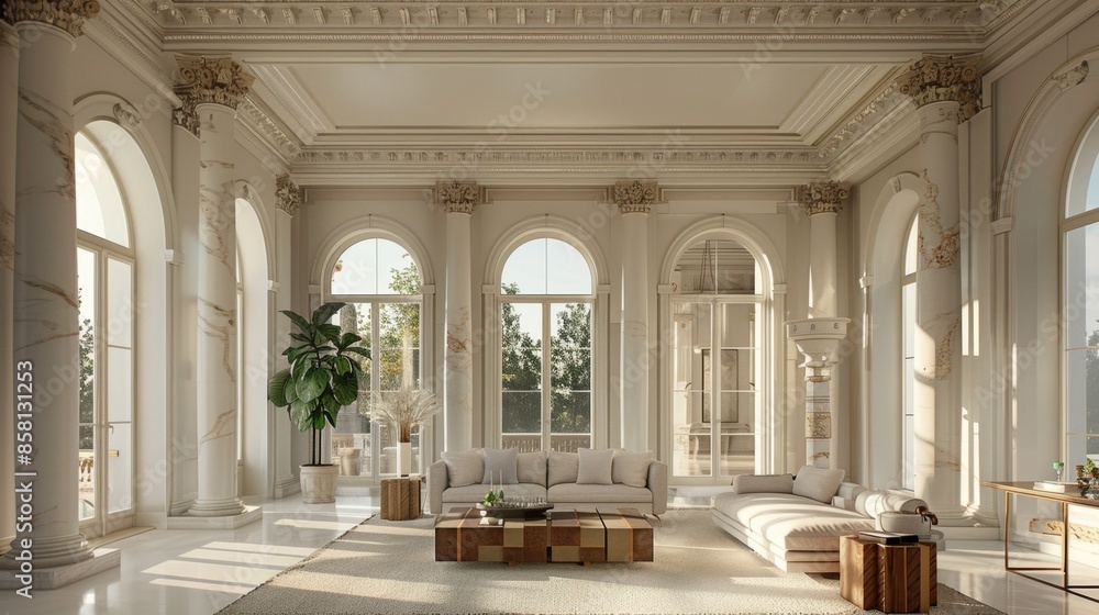 neoclassical interiors, interior design with pillars and detailed ...