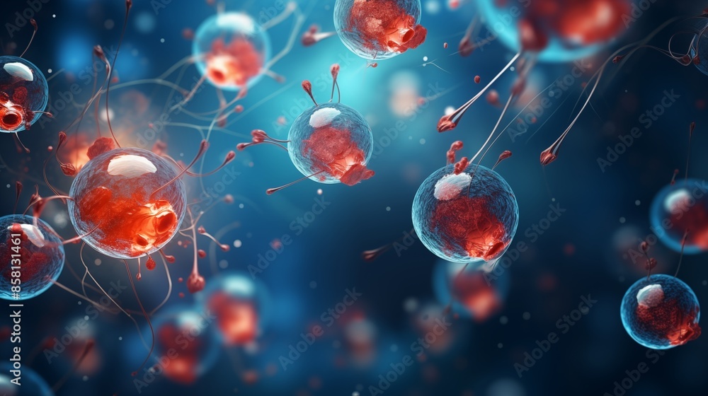 Microscopic View of Biological Cells with Red Structures in Focus Stock ...