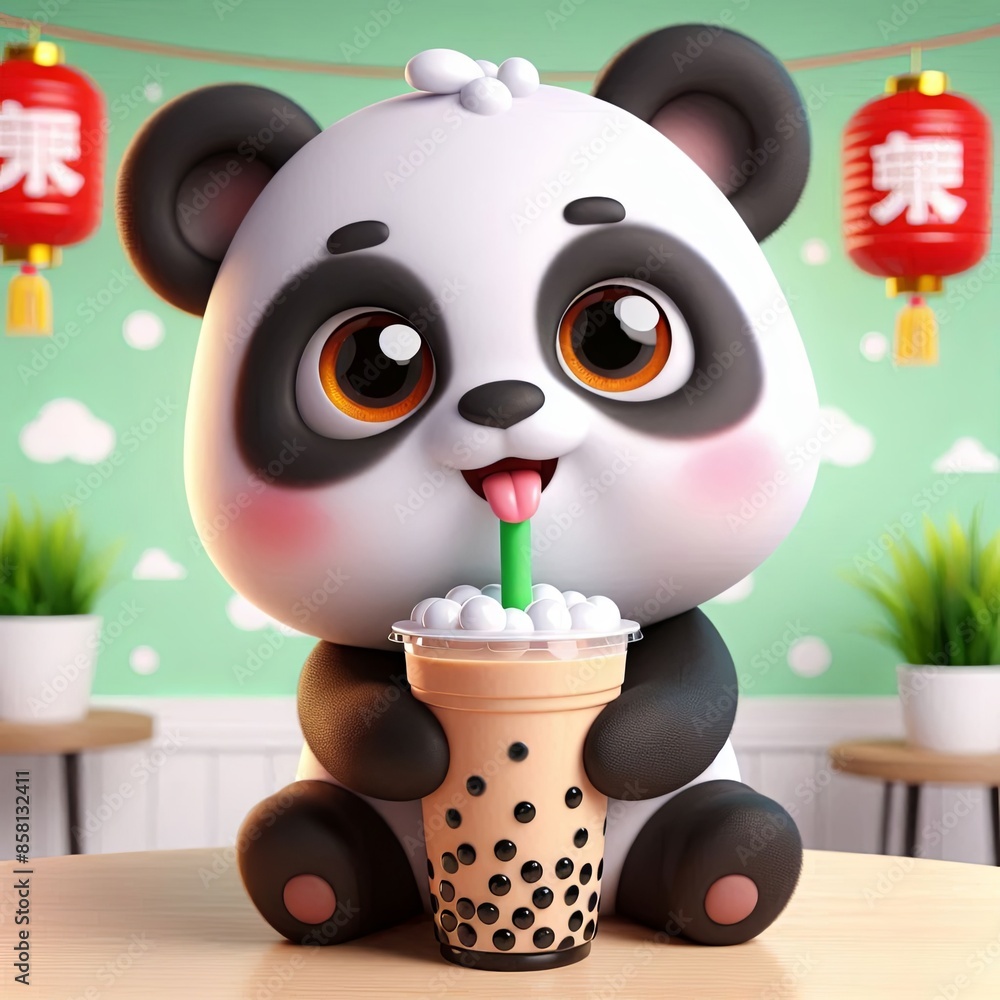 cute panda drinking boba milk tea cartoon 3d Generative AI Stock ...