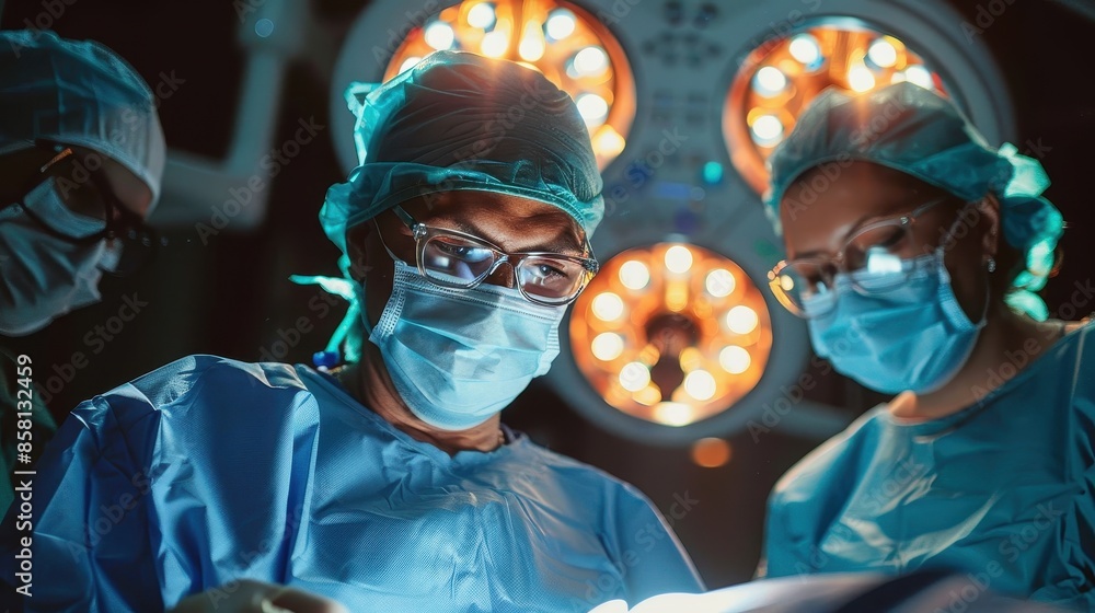 Operating room scene where surgeons in blue surgical attire are ...