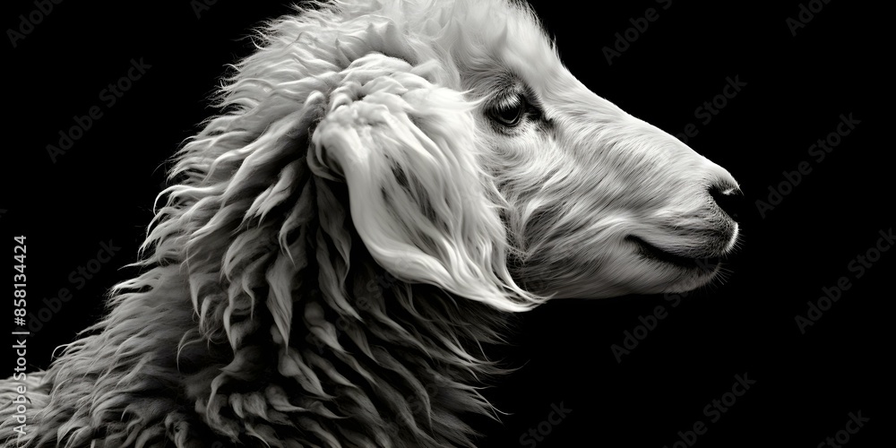 Side view of a sheep's head in black and white woodcut style, isolated ...