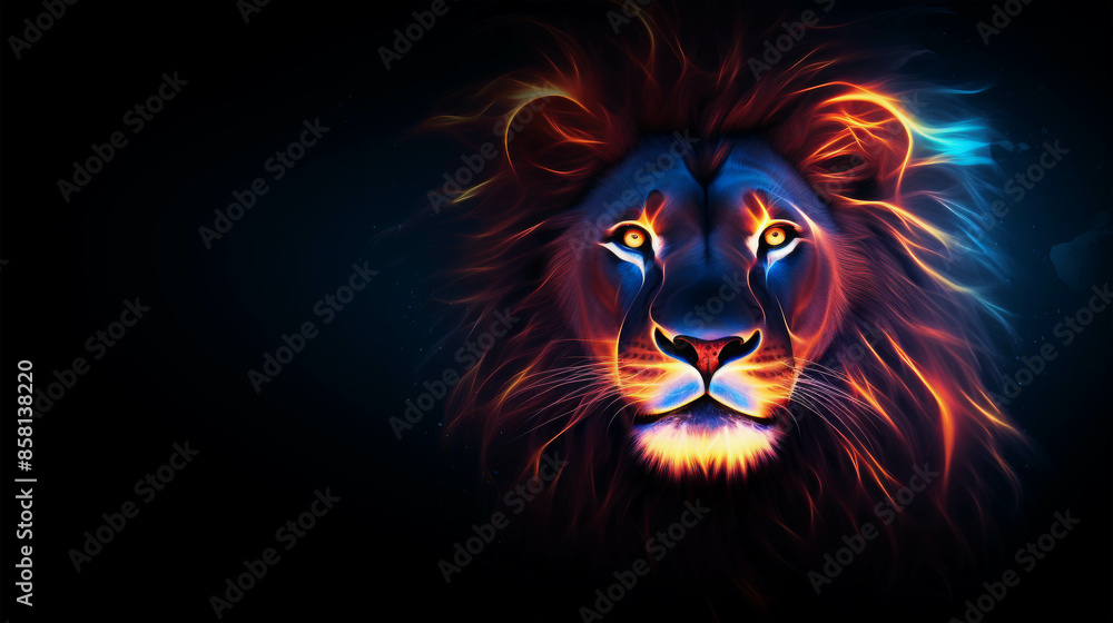 Vivid Glowing Lion with Fiery Mane Illuminated Against a Dark ...