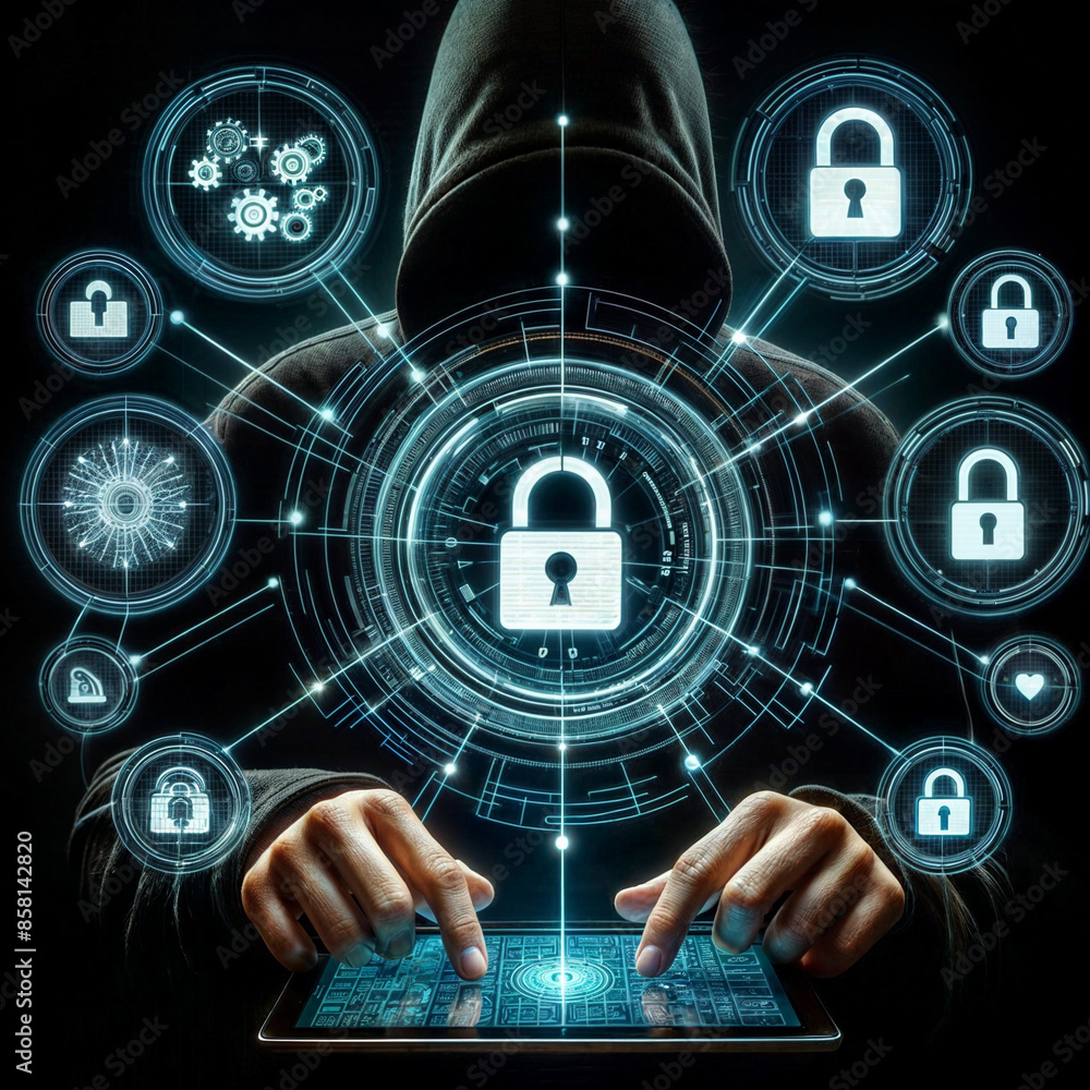 Hacker attack system, cybersecurity hologram and lock icons simple ... Hacker attack system, cybersecurity hologram and lock icons simple ...