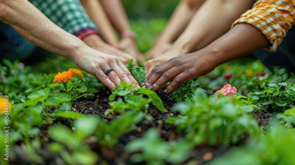 Close up of stack of diverse people hands planting tree with blurring ...