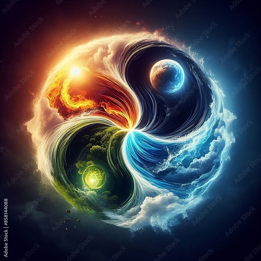 four elements of nature forming a circular shape. Earth, wind, fire ...