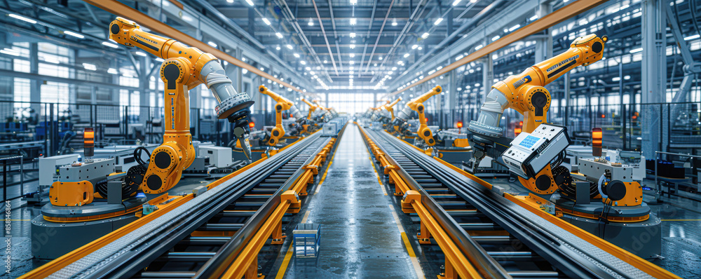 Futuristic High-Tech Manufacturing Plant with Robotic Assembly Lines ...