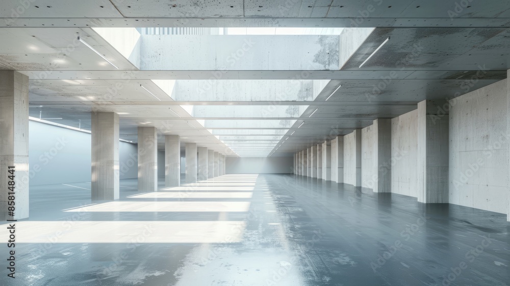 An empty underground parking garage in a modern building, sunlight ...