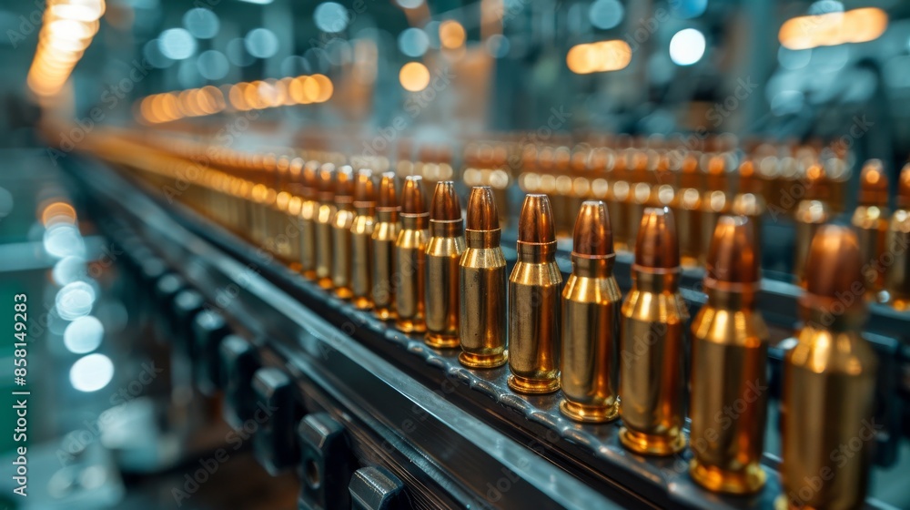 Rows of bullets are lined up in an assembly line within a factory ...