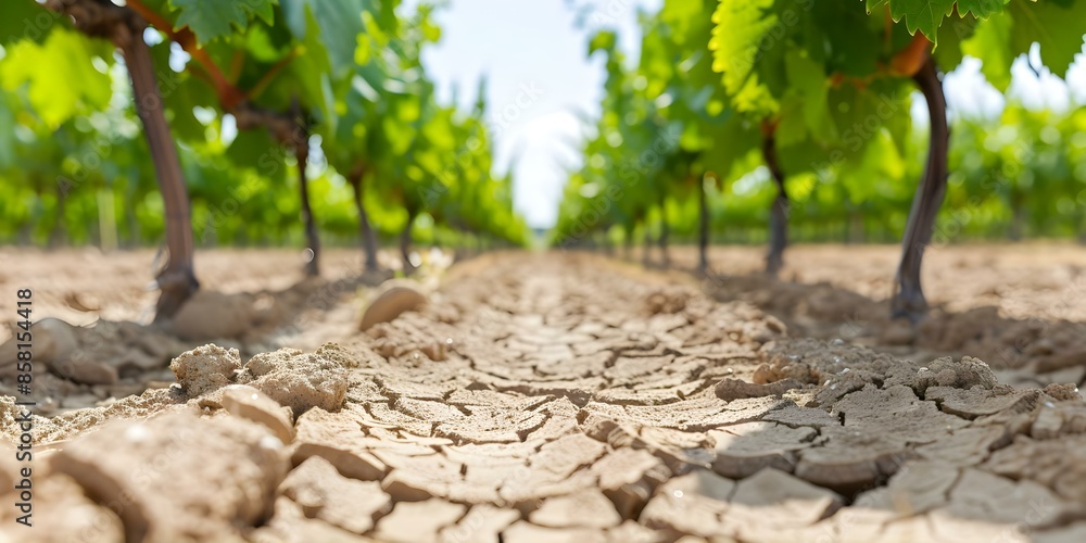Dry grapevines in droughtstricken vineyard with cracked earth below ...