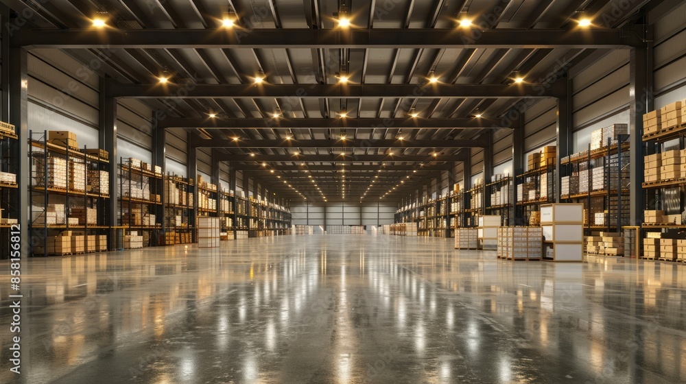 Interior of a large, modern warehouse, with numerous lights and neatly ...