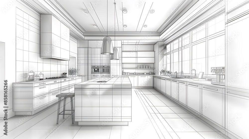 An intricate pencil sketch depicting a modern kitchen layout with sleek ...
