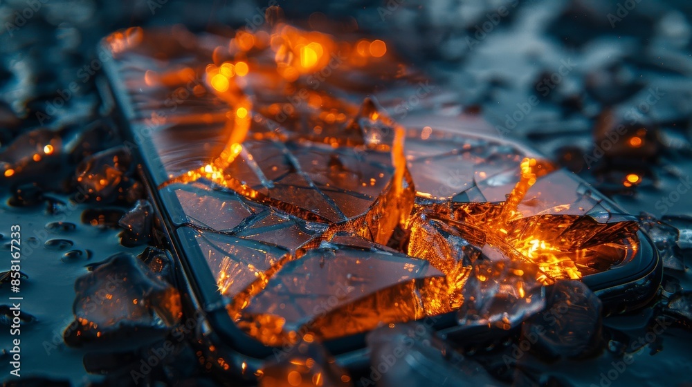 Image of a smartphone with a completely shattered screen that displays ...