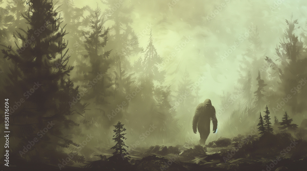 Nostalgic Bigfoot art. A Sasquatch walking in the misty North American woods painting. Stock ...