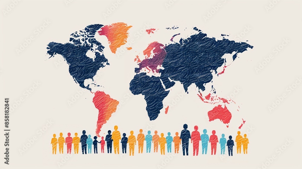 Illustration of a global map showing population density and demographic ...