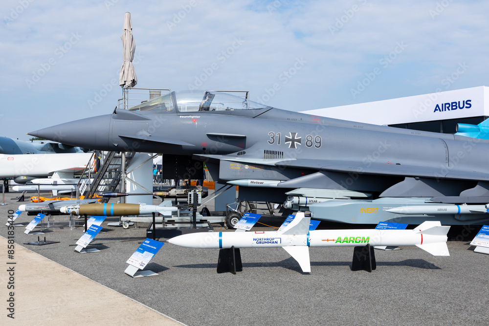 MIlitary jet fighter Eurofighter Typhoon with missiles and weapons ...