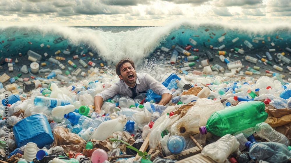 Man buried in sea of plastic waste, looking desperate. Represents ...