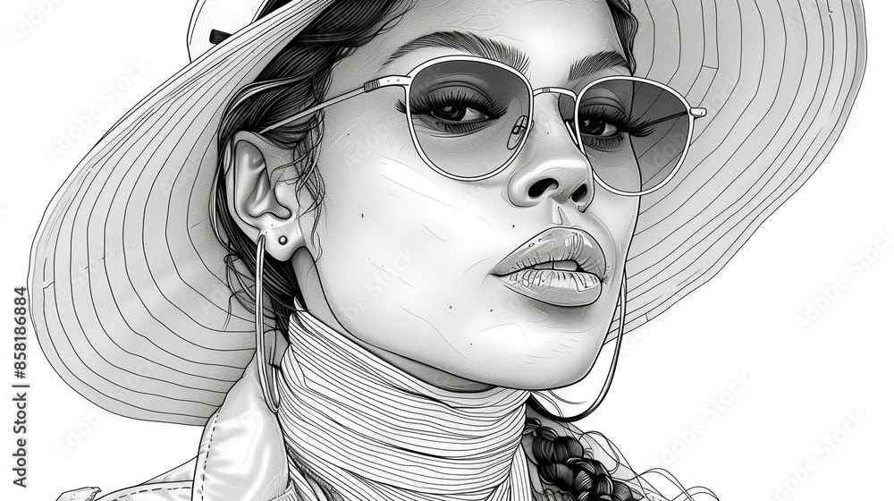 An elegant, black and white line drawing of a fashion model wearing a ...