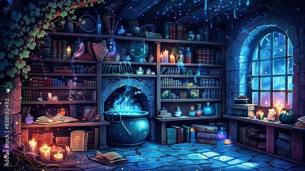 A whimsical, magical illustration of a witch's potion shop, with ...